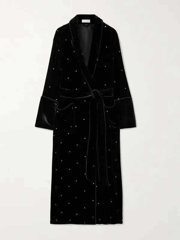 Olivia Von Halle Capability Crystal-embellished Belted Velvet Robe - Black