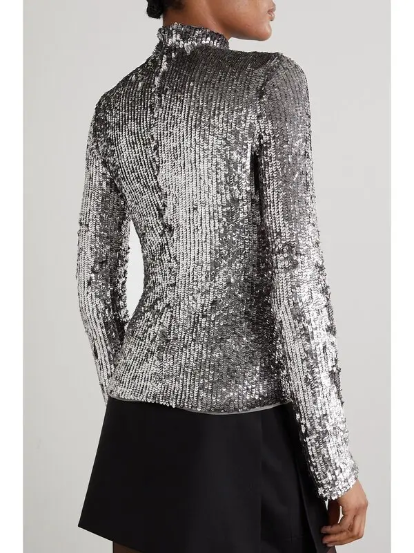 INTERIOR Frances Sequined Stretch-tulle Top