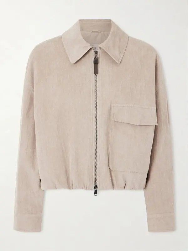 Brunello Cucinelli Embellished Padded Cotton-blend Corduroy Bomber Jacket - Neutrals