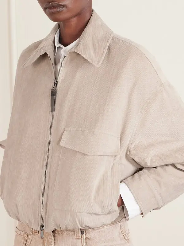 Brunello Cucinelli Embellished Padded Cotton-blend Corduroy Bomber Jacket - Neutrals
