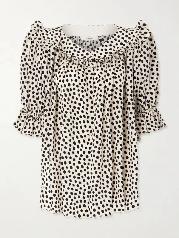 Chloé Gathered Polka-dot Silk Crepe De Chine Blouse