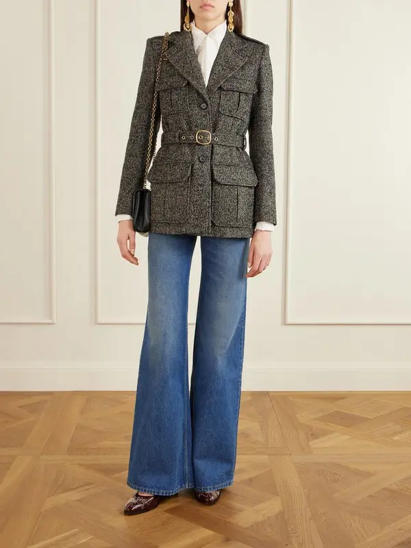 Chloé Belted Herringbone Wool-blend Jacket