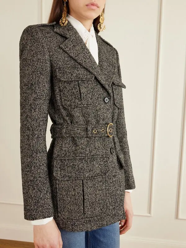 Chloé Belted Herringbone Wool-blend Jacket