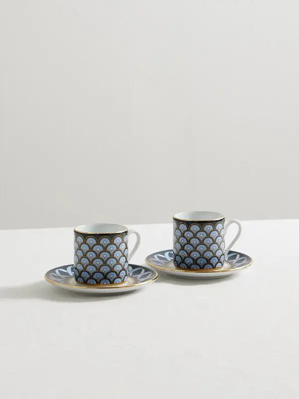 La DoubleJ Impero Set Of Two Gold-plated Porcelain Espresso Cups And Saucers - Blue