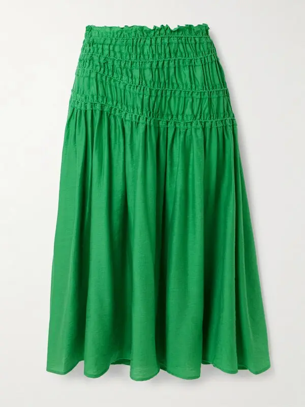 Tory Burch Ruffled Smocked Lyocell-blend Midi Skirt - Green