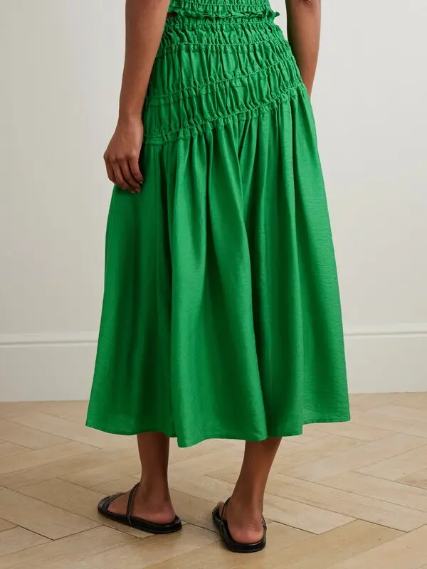 Tory Burch Ruffled Smocked Lyocell-blend Midi Skirt - Green
