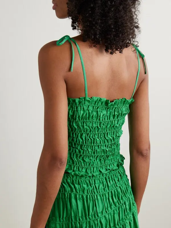 Tory Burch Smocked Lyocell-blend Top - Green
