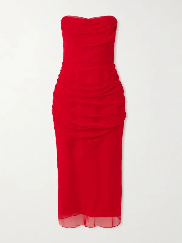 Carolina Herrera Strapless Draped Silk-chiffon Midi Dress - Red
