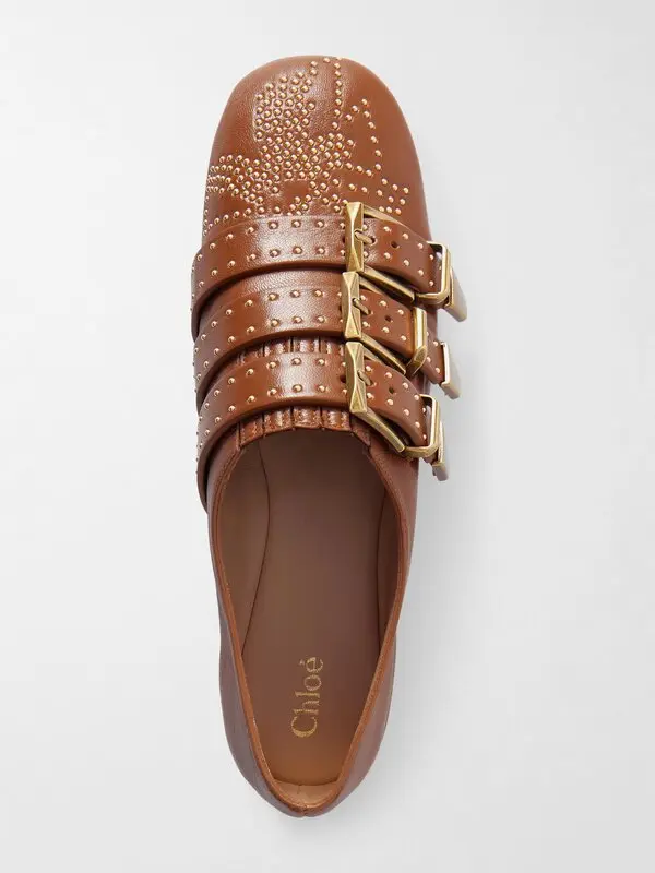 Chloé Susan Studded Buckled Leather Flats - Red