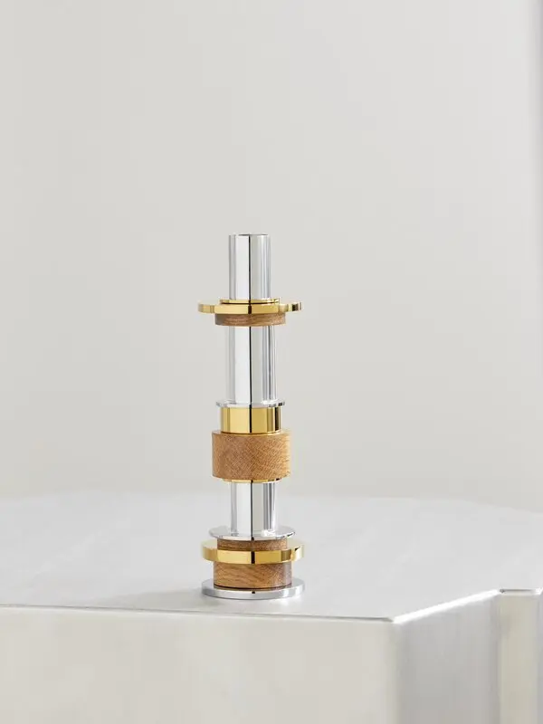 Christofle Myriade Large Stainless Steel, Gold-tone, Oak And Glass Candle Holder - Silver