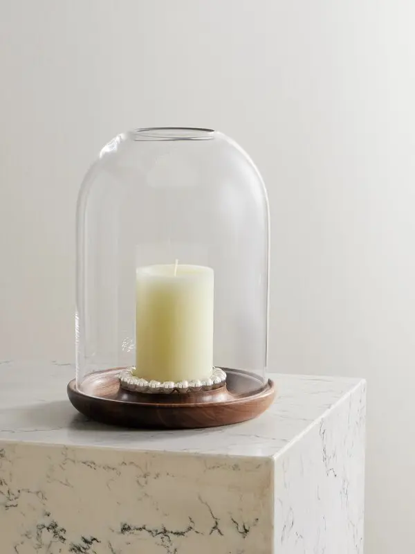 Christofle Perles Large Glass, Walnut And -plated Hurricane Candle Holder - Silver