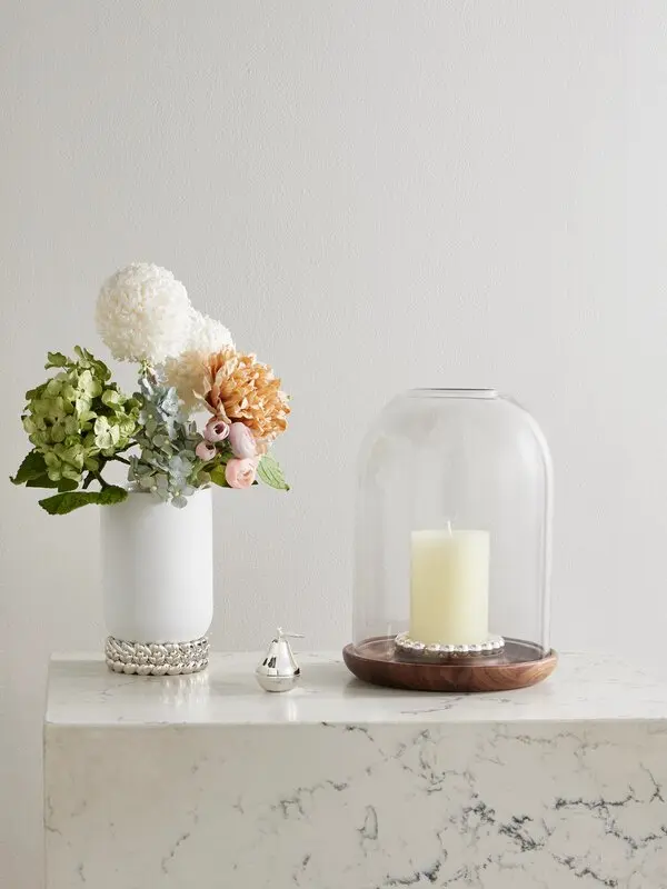 Christofle Perles Large Glass, Walnut And -plated Hurricane Candle Holder