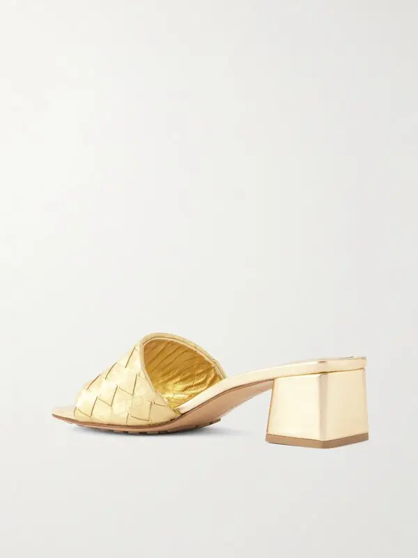 Bottega Veneta Parco Metallic Intrecciato Leather Mules - Gold