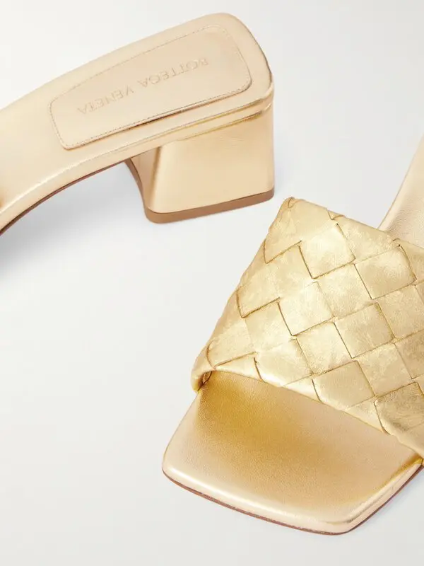 Bottega Veneta Parco Metallic Intrecciato Leather Mules - Gold