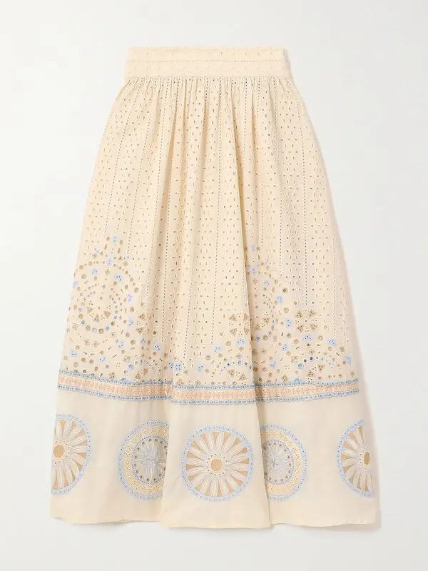 EMPORIO SIRENUSE Suri Amalfi Broderie Anglaise Cotton Midi Skirt - Ivory