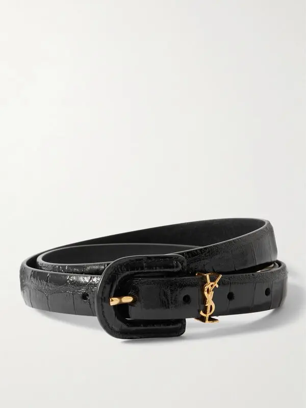 Saint Laurent Cassandre Embellished Croc-effect Leather Belt - Black