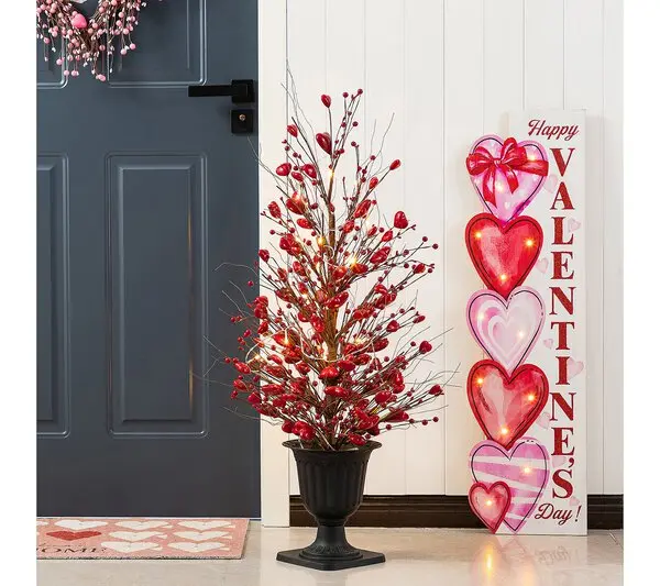 GLITZHOME 36'h Valentine's Lighted Berry Heart Urn Porch Tree - One-color