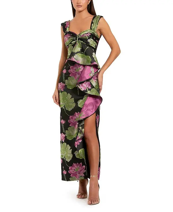 Mac Duggal Cap Sleeve Brocade Ankle Length Gown With Ruffle