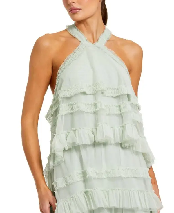 Mac Duggal Dot Mesh Ruffle Halter Neck Ankle Dress - Rose