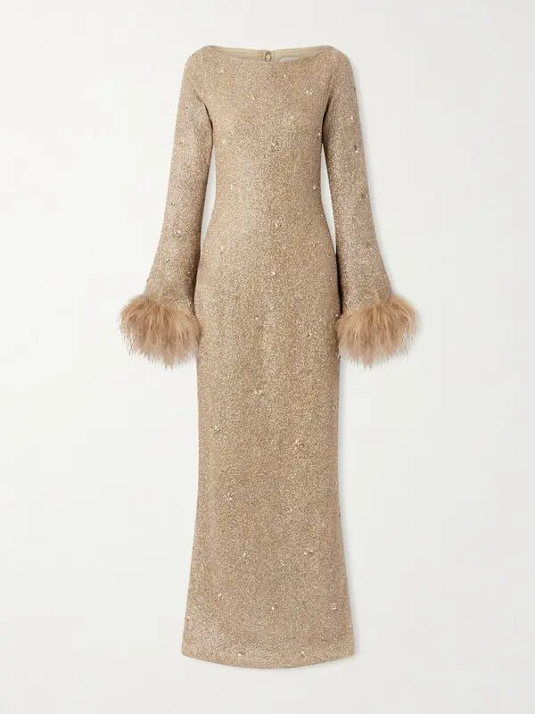 CLIO PEPPIATT Mae Feather-trimmed Embellished Beaded Tulle Gown - Gold