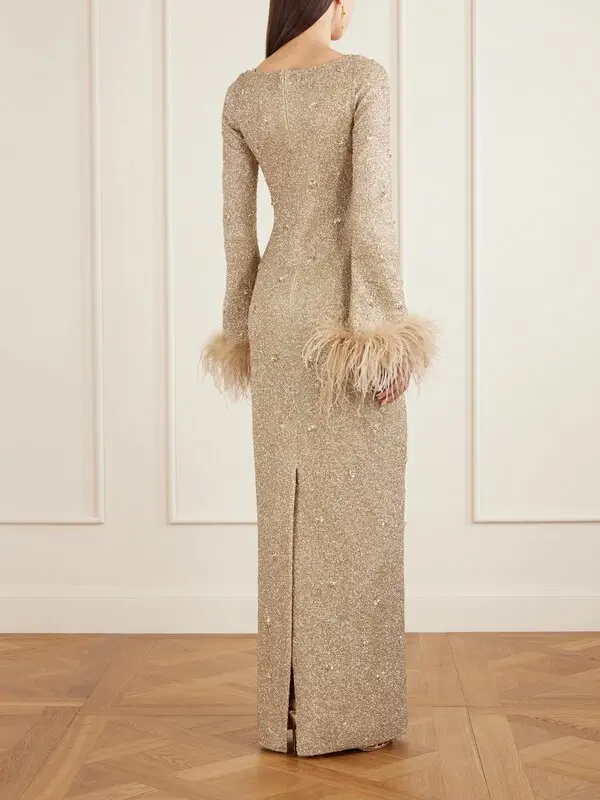 CLIO PEPPIATT Mae Feather-trimmed Embellished Beaded Tulle Gown - Gold