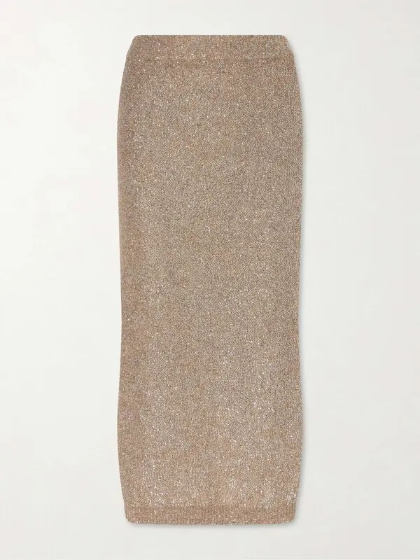 Brunello Cucinelli Sequined Knitted Midi Skirt - Light Brown