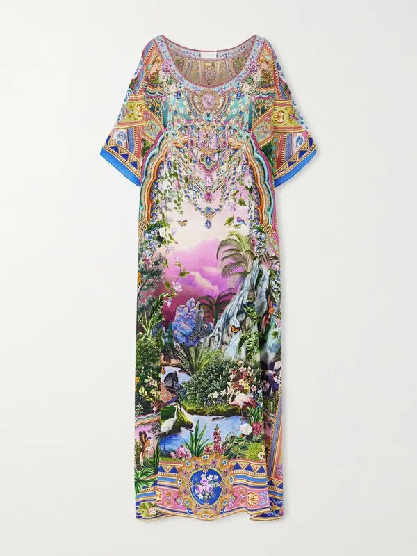 Camilla Crystal-embellished Printed Silk Crepe De Chine Kaftan - Multi