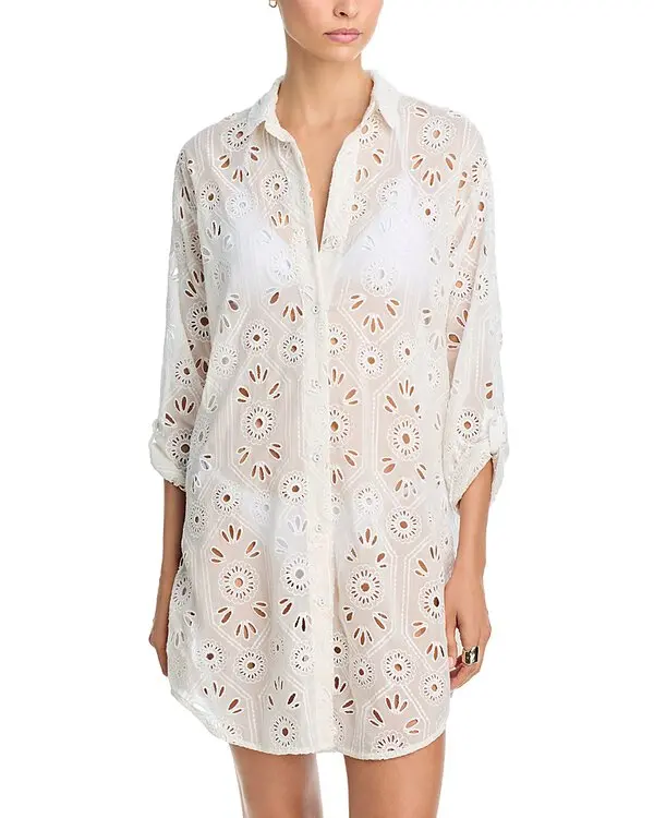 Johnny Was Eyelet Swim Cover-up Shirt - White Marilla Eyelet