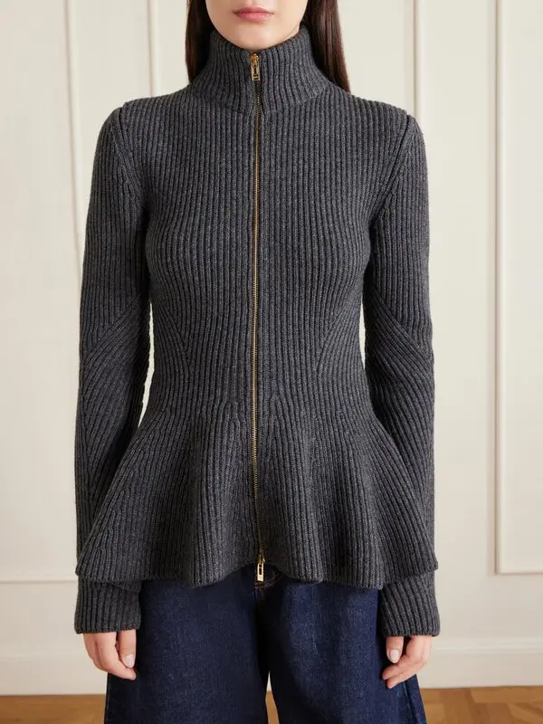Alaïa Ribbed Wool And Cashmere-blend Zip-up Cardigan - Gray