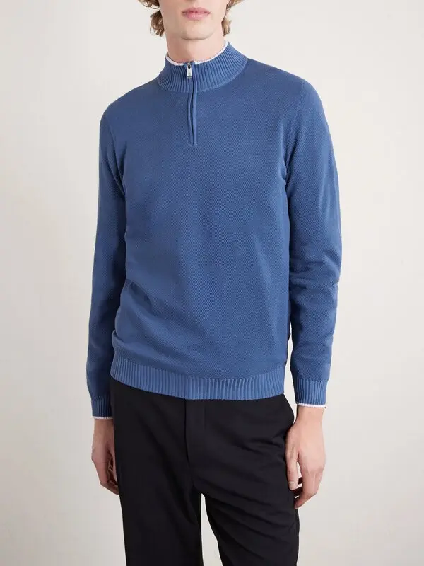 Fedeli Cotton-piqué Half-zip Sweater - Blue