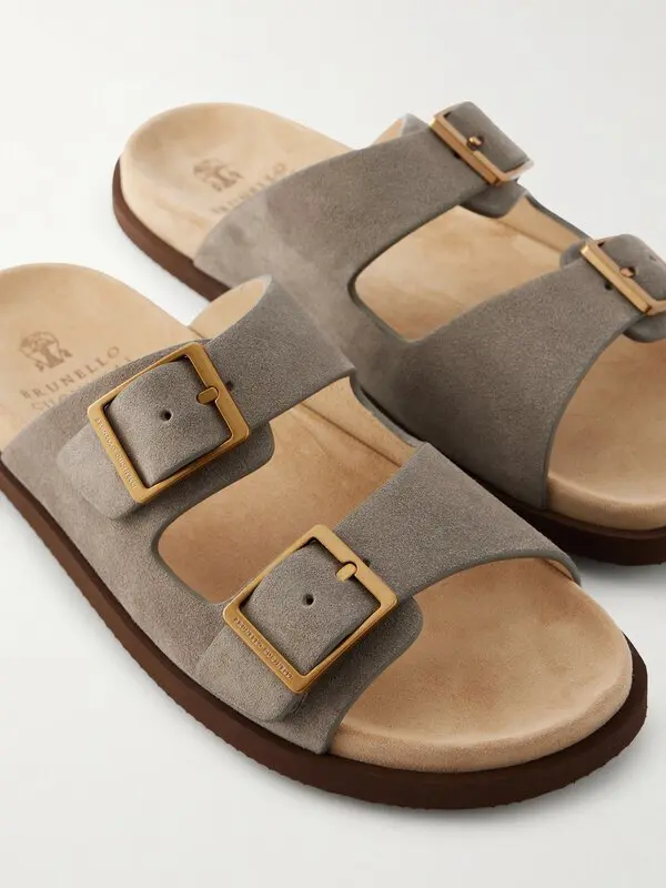 Brunello Cucinelli Buckled Suede Sandals - Gray