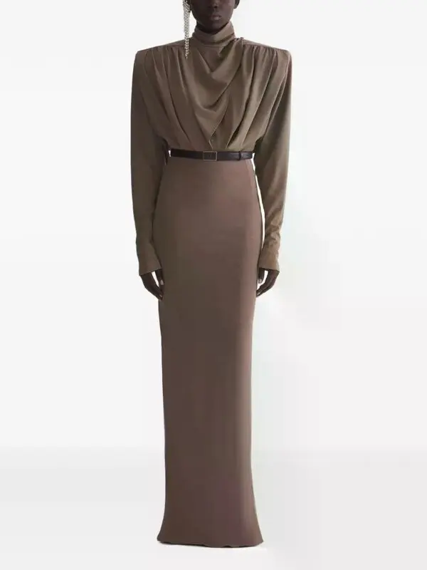 MUGLER Draped Long Sleeve Maxi Dress - Brown