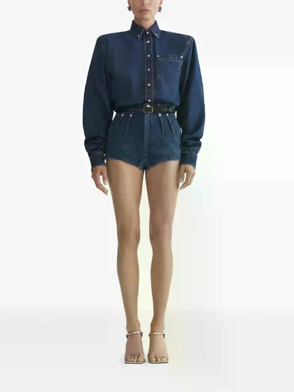 MUGLER Pleated High-waisted Denim Shorts