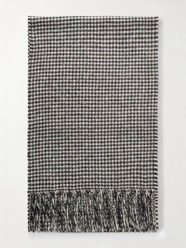 NILI LOTAN Fringed Houndstooth Cashmere Scarf - Gray
