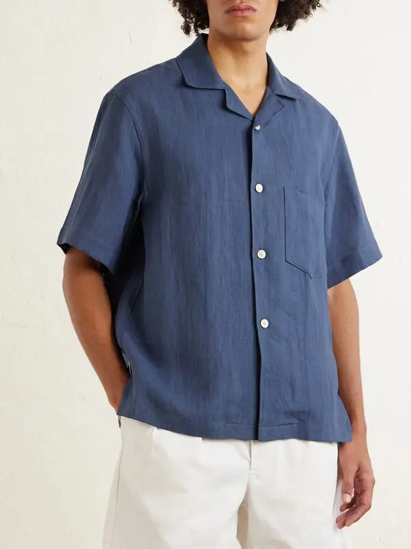 Eleventy Camp-collar Linen Shirt - Blue