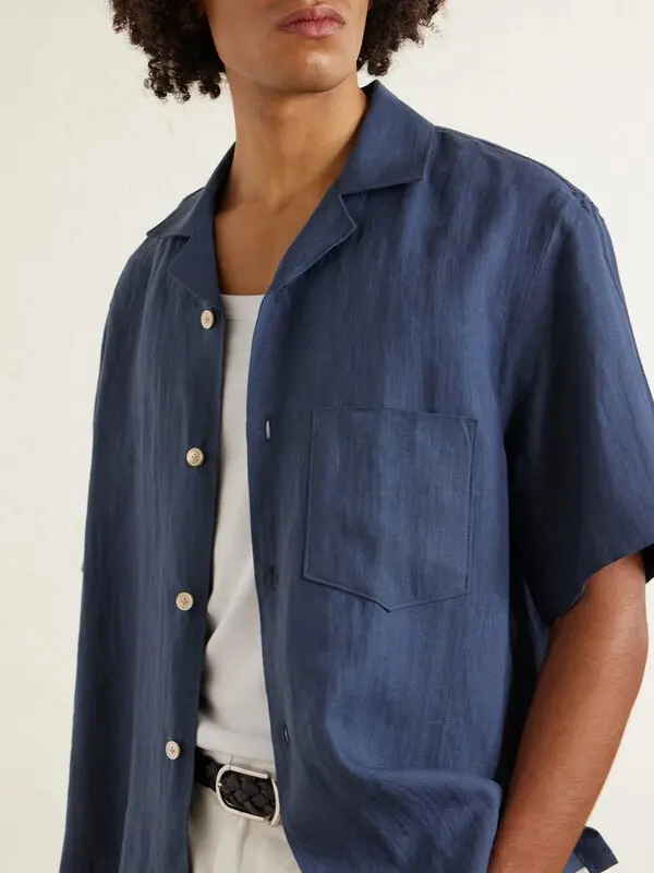 Eleventy Camp-collar Linen Shirt - Blue