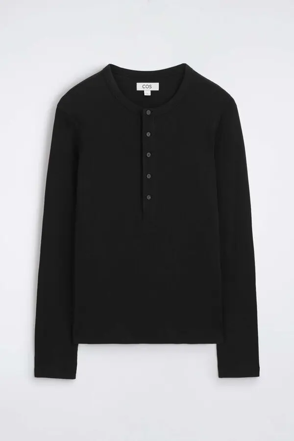 Cos Slim Ribbed Long Sleeve Henley T-shirt - Black