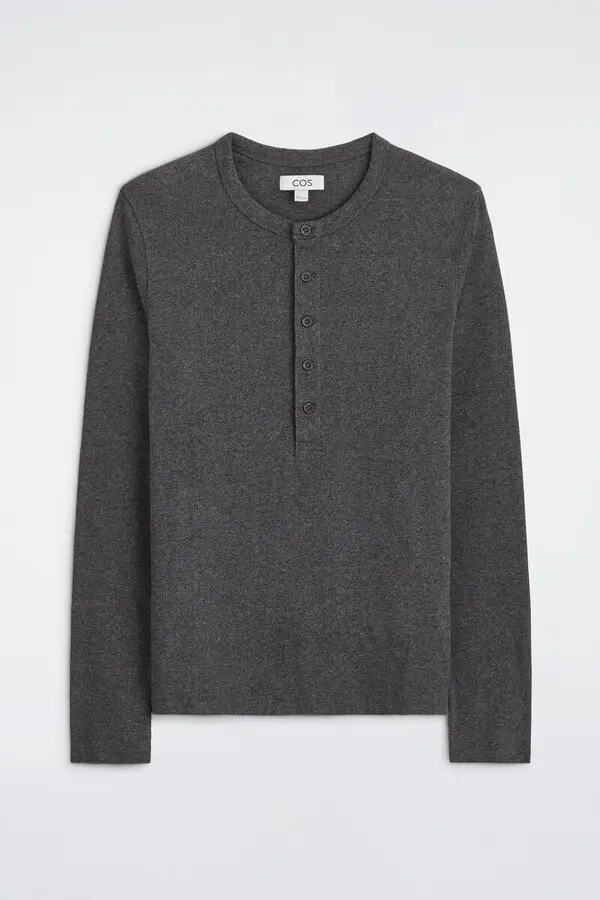 Cos Slim Ribbed Long Sleeve Henley T-shirt - Gray