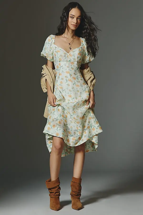 Astr The Label Mayra V-Neck A-Line Puff-Sleeve Midi Dress In Yellow Multi  Floral - 27% Off | Editorialist