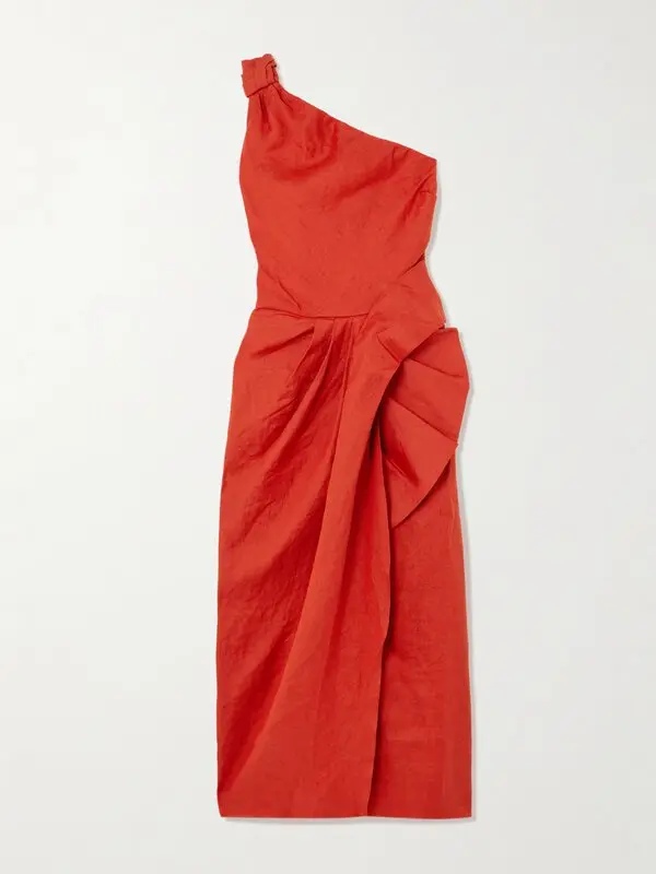 Johanna Ortiz Salsero One-shoulder Knotted Ruffled Draped Linen Midi Dress - Red