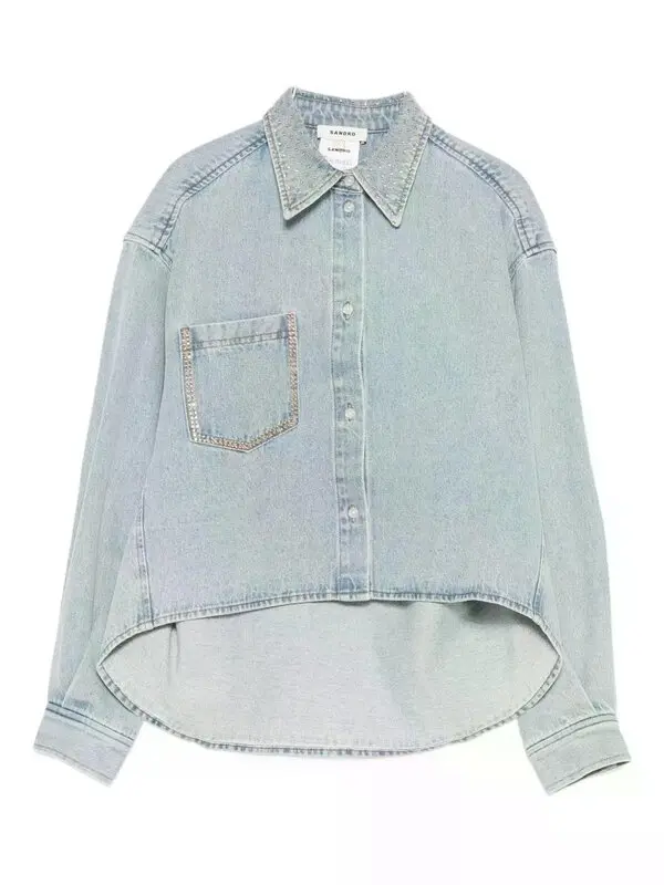 Sandro Rhinestone Embellished Cropped Denim Shirt - Blue