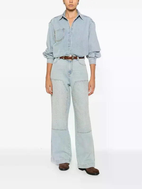 Sandro Rhinestone Embellished Cropped Denim Shirt - Blue