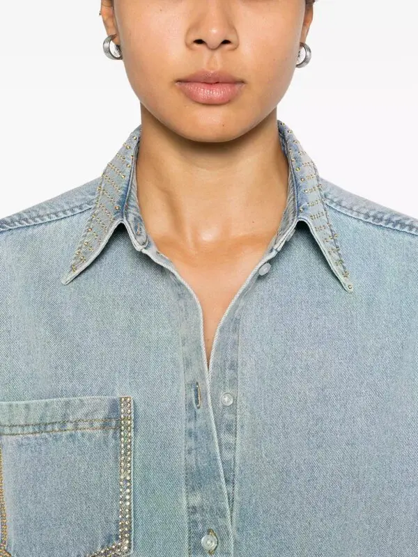 Sandro Rhinestone Embellished Cropped Denim Shirt - Blue