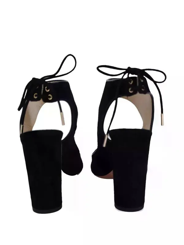 JIMMY CHOO Suede Pointed Toe Tie Fastening Pumps With Cut Out Detail And Block Heel
