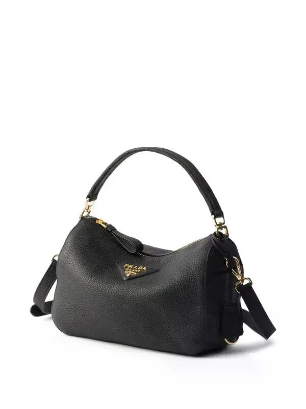 Prada Small Leather Shoulder Bag With Logo Plaque - Black