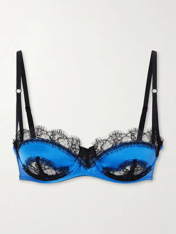 Kiki De Montparnasse Lace-trimmed Silk-satin Balconette Bra - Blue