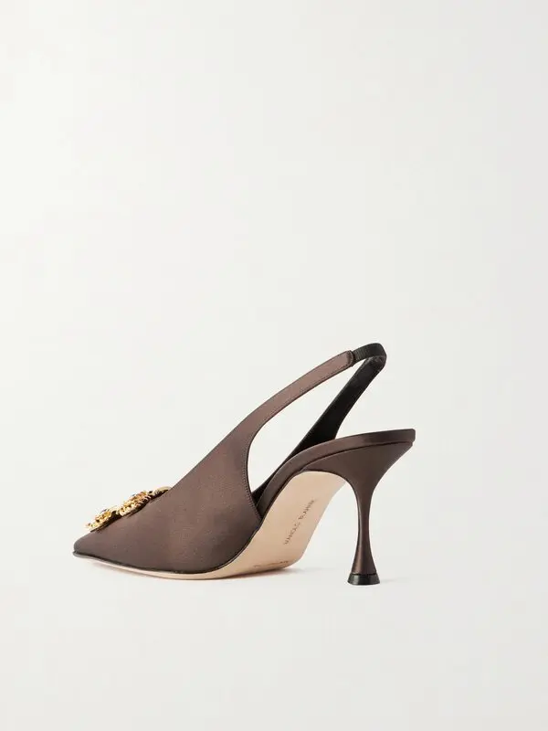 Manolo Blahnik Cupida 70 Embellished Satin Slingback Pumps - Brown