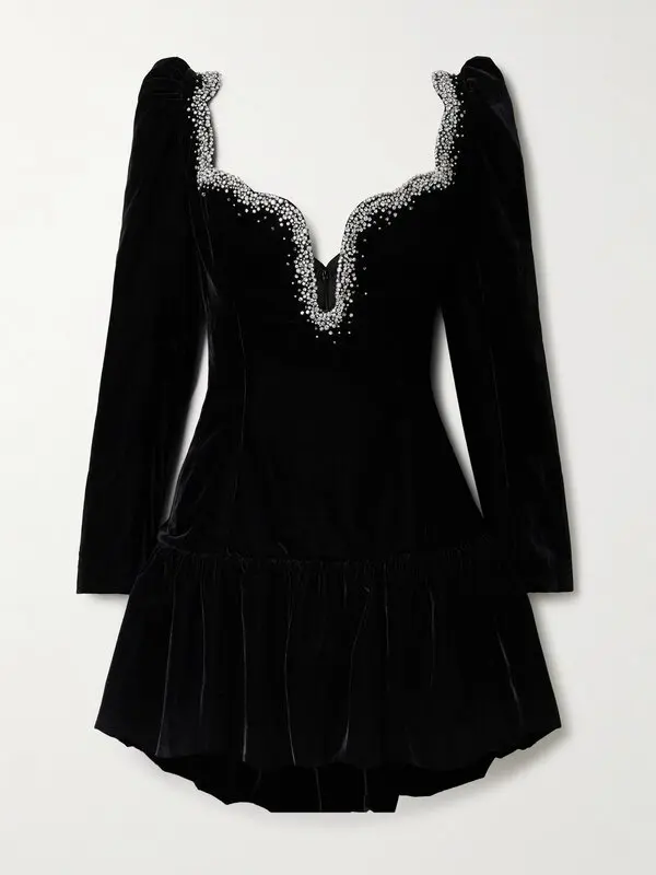 CLIO PEPPIATT Edie Embellished Scalloped Velvet Mini Dress - Black