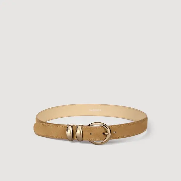 Sandro Leather Belt With Metal Buckle - Beige