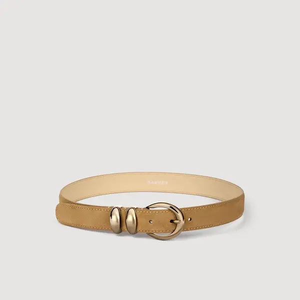 Sandro Leather Belt With Metal Buckle - Beige